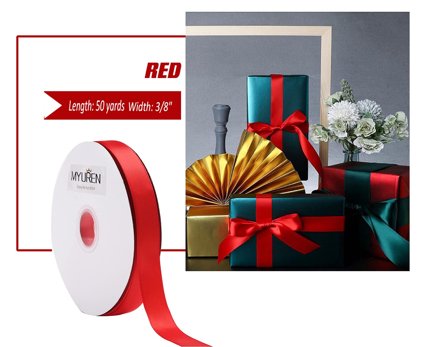 3/8 Inch Solid Satin Ribbon Red Double Face Satin Ribbon for Crafts, Gift Wrapping,Party Favor, Baby Shower,Invitation Embellishments,DIY Hair Accessories (50 Yards)