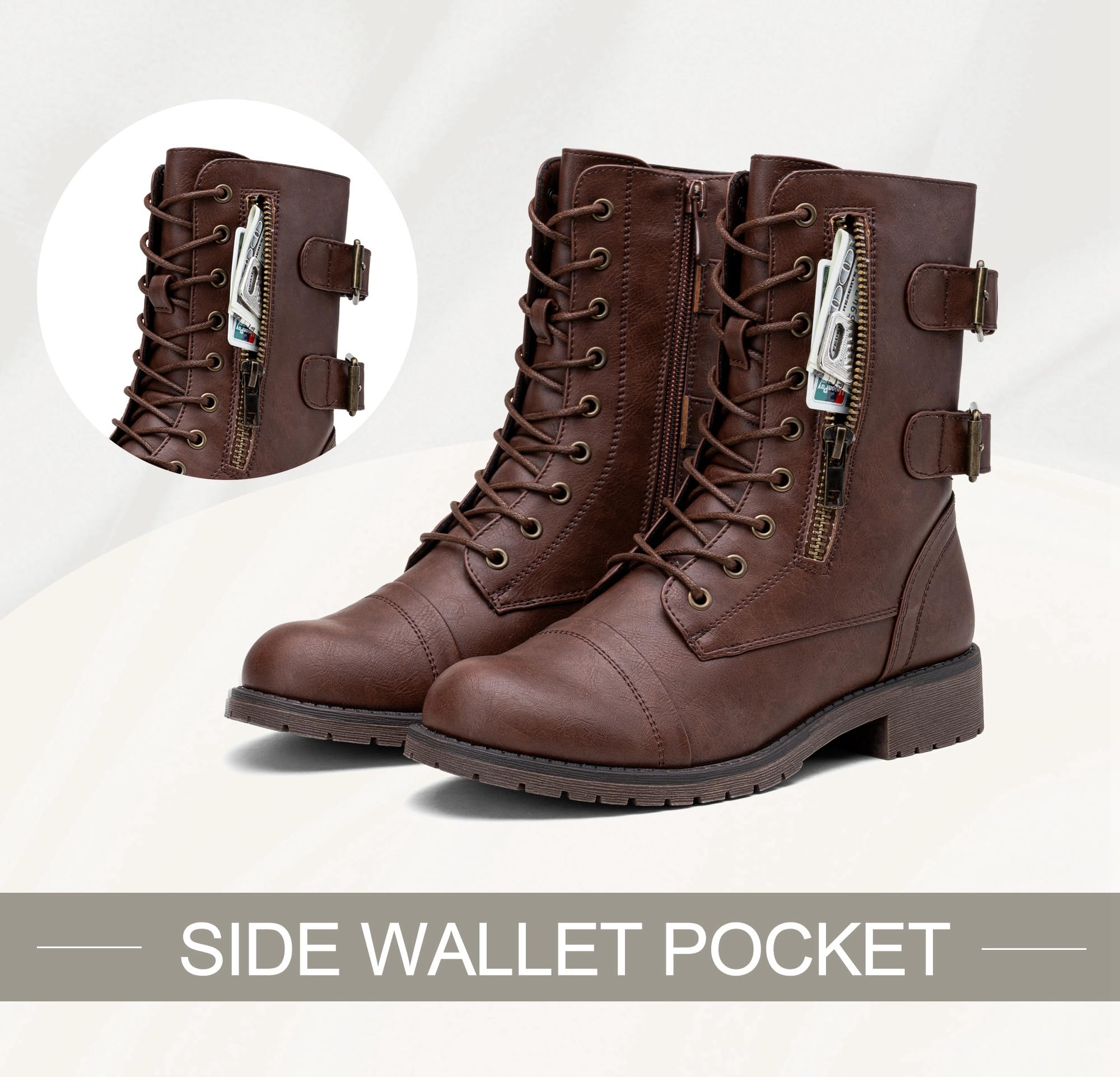 Vepose Women's Lace up Combat Boots, Mid Calf Hiking Boots, 929 - Cognac, Red Brown, Size 9.5 US - Credit Card Wallet Pocket (CJY929 Cognac 09.5)