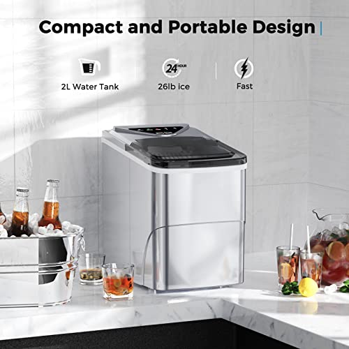 Ice Makers Countertop, Self-Cleaning Function, Portable Electric Ice Cube Maker Machine, 9 Ice Cubes Ready in 6 Mins, 26lbs 24Hrs with Ice Bags and Ice Scoop Basket for Home Kitchen Office Bar(Silver)