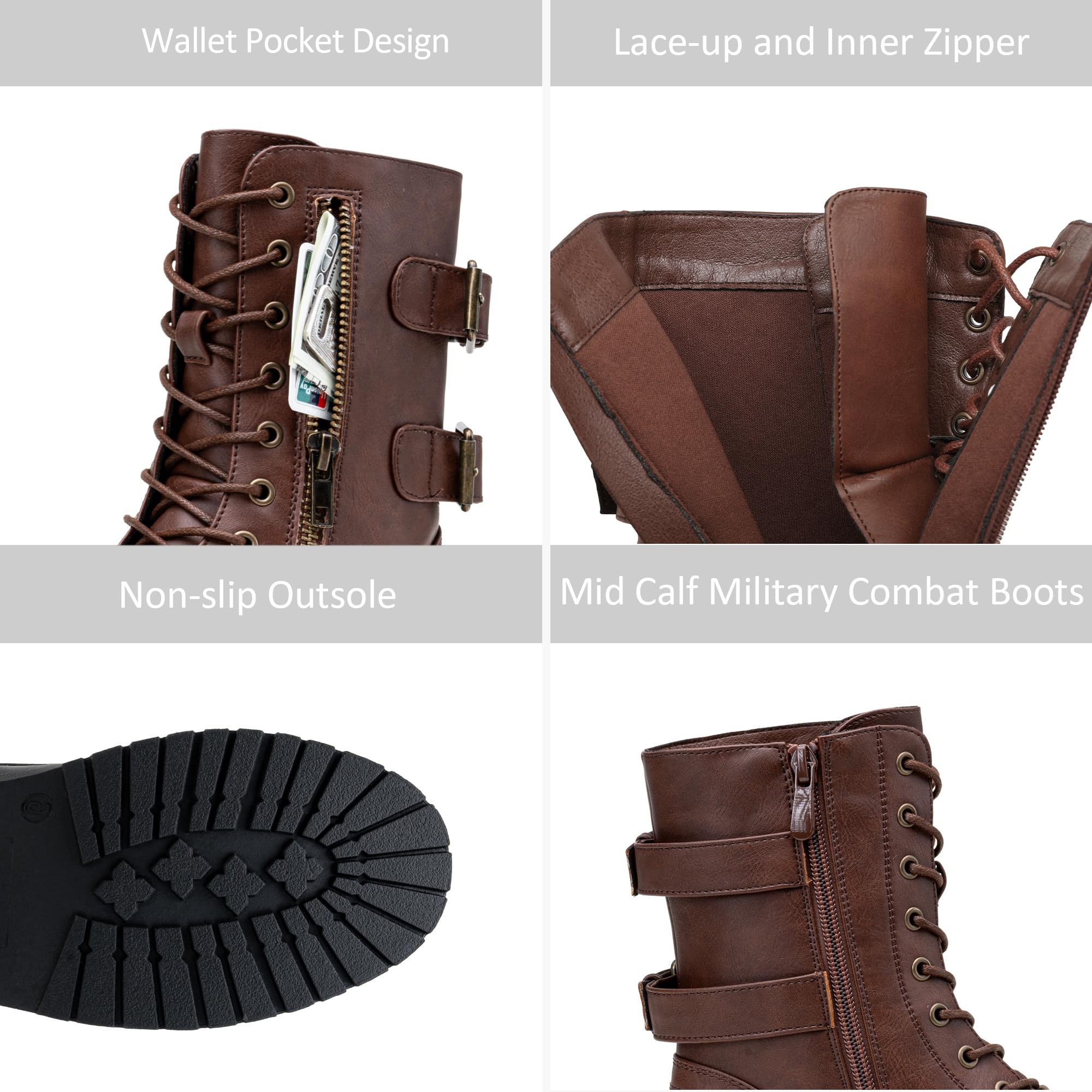 Vepose Women's Lace up Combat Boots, Mid Calf Hiking Boots, 929 - Cognac, Red Brown, Size 9.5 US - Credit Card Wallet Pocket (CJY929 Cognac 09.5)