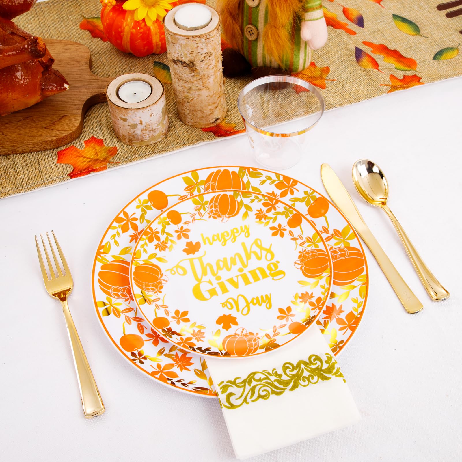 supernal 175pcs Thanksgiving Plastic Dinnerware Set,Gold Plastic Plates with Gold Plastic Silverware,Gold Thanksgiving Plastic Cups,Pumpkin and Maple Leaf Design for Thanksgiving Day Party