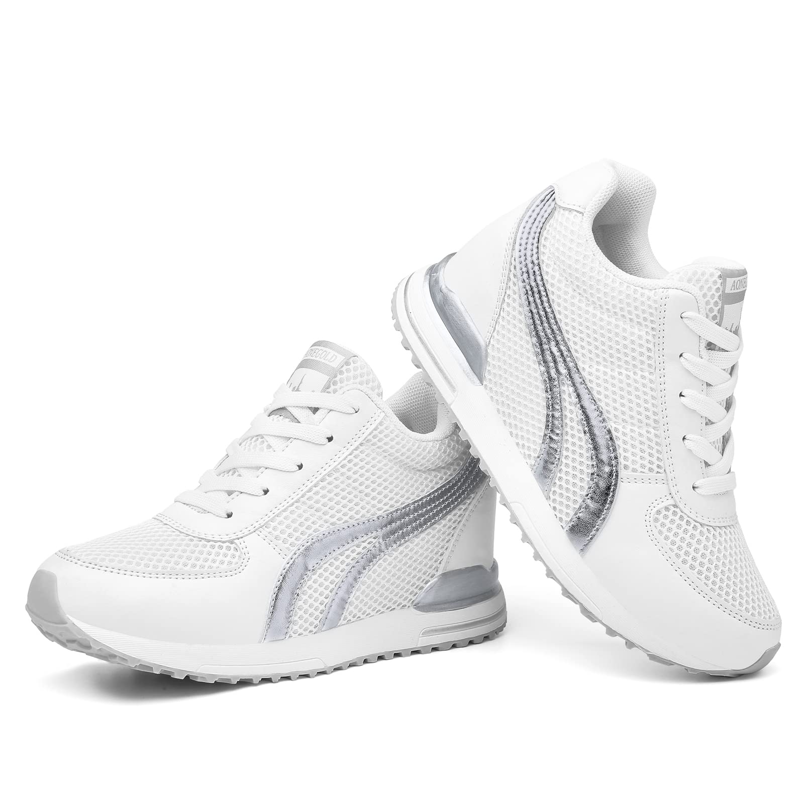 AONEGOLD Womens Hidden Wedges Shoes High Heeled Lightweight Mesh Sneakers Casual Walking Shoes Tennis Chic(Size 41, White)