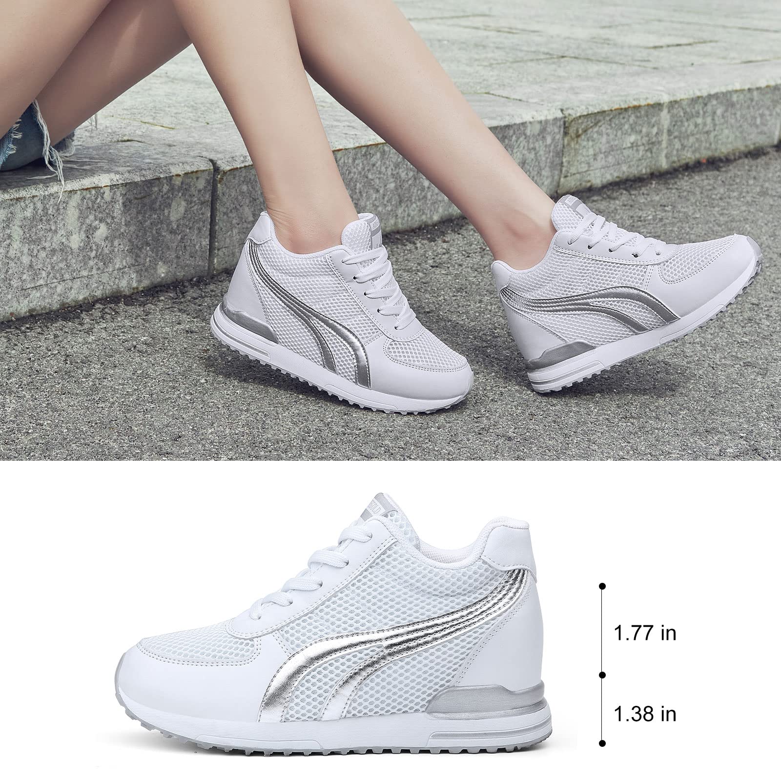 AONEGOLD Womens Hidden Wedges Shoes High Heeled Lightweight Mesh Sneakers Casual Walking Shoes Tennis Chic(Size 41, White)