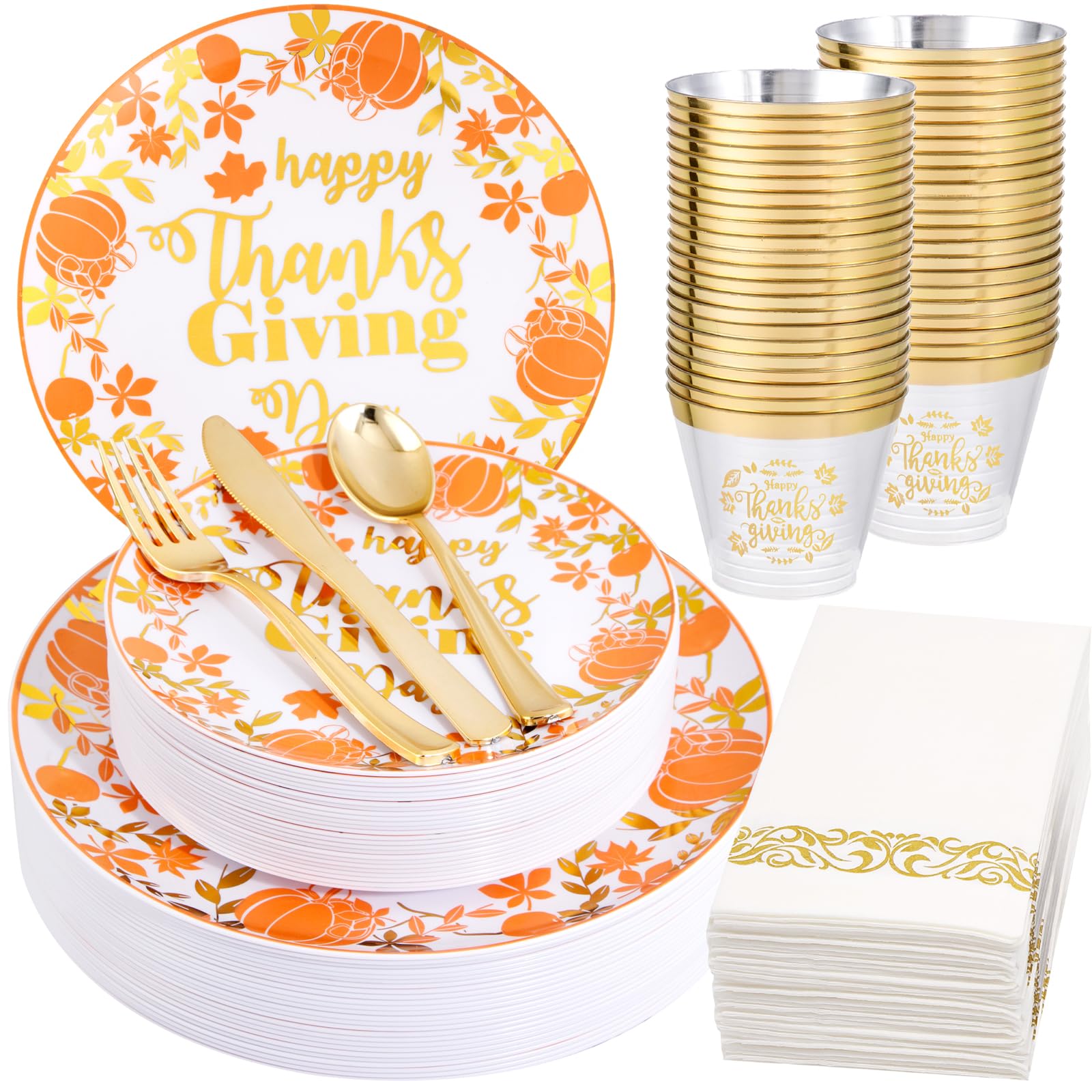 supernal 175pcs Thanksgiving Plastic Dinnerware Set,Gold Plastic Plates with Gold Plastic Silverware,Gold Thanksgiving Plastic Cups,Pumpkin and Maple Leaf Design for Thanksgiving Day Party