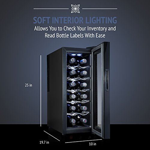 Ivation 12 Bottle Thermoelectric Red And White Wine Cooler/Chiller Counter Top Wine Cellar with Digital Temperature Display, Freestanding Refrigerator Smoked Glass Door Quiet Operation Fridge,Black