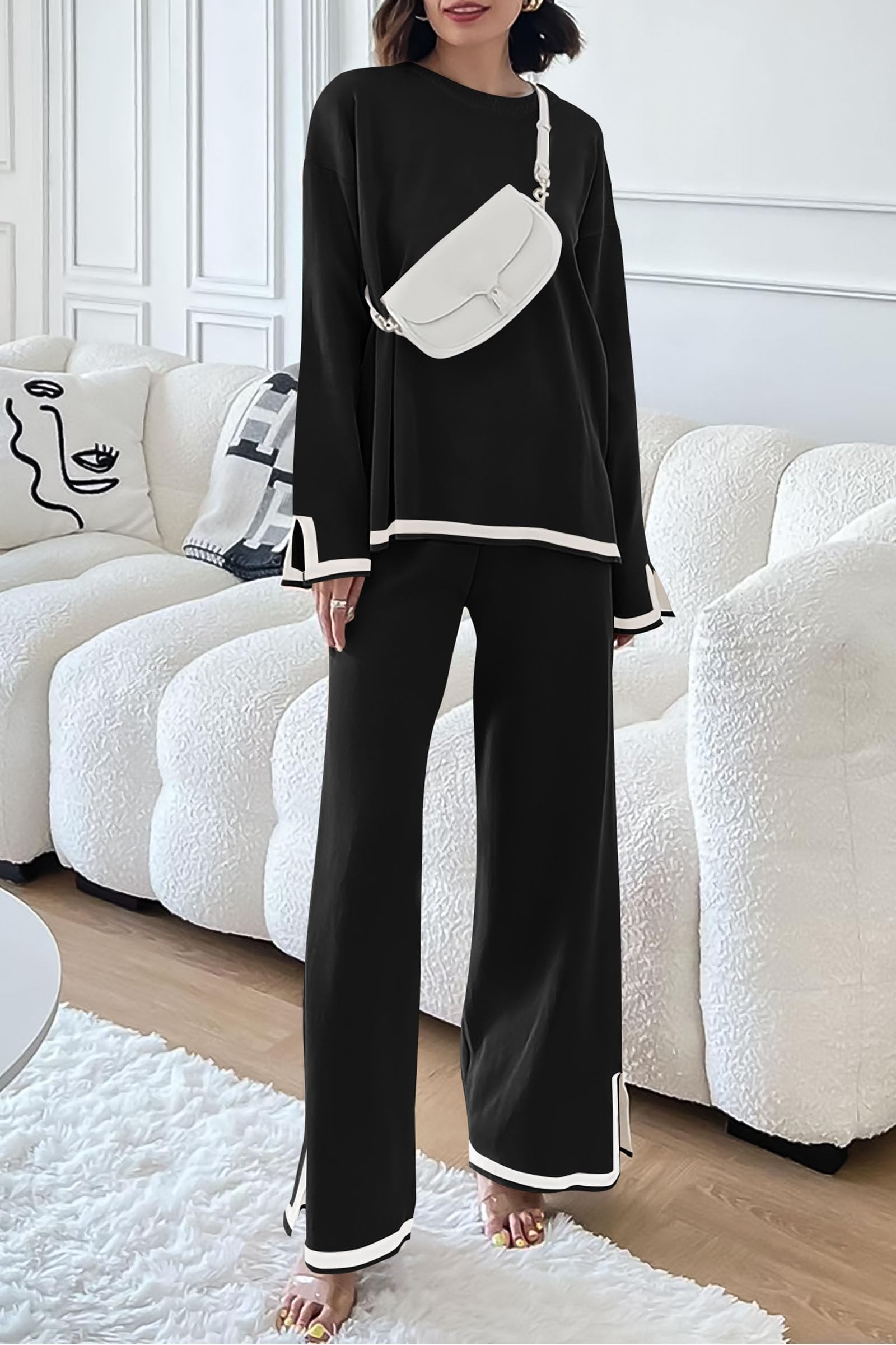 PRETTYGARDEN Women's 2 Piece Knit Sweater Set Casual Long Sleeve Pullover Wide Leg Pants Sweatsuit Tracksuit Outfit (Black,Medium)