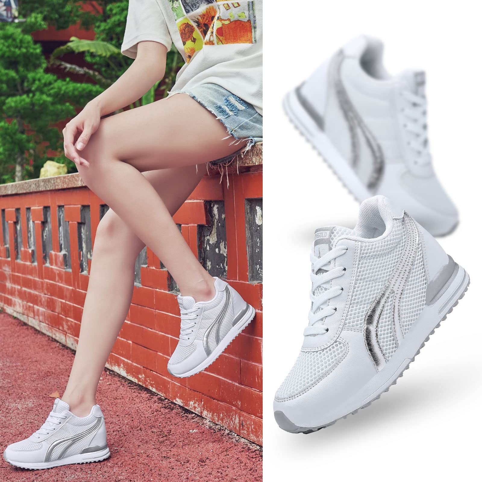 AONEGOLD Womens Hidden Wedges Shoes High Heeled Lightweight Mesh Sneakers Casual Walking Shoes Tennis Chic(Size 41, White)