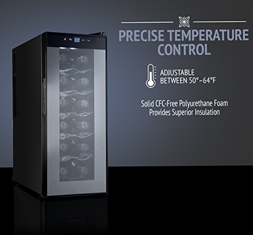 Ivation 12 Bottle Thermoelectric Red And White Wine Cooler/Chiller Counter Top Wine Cellar with Digital Temperature Display, Freestanding Refrigerator Smoked Glass Door Quiet Operation Fridge,Black
