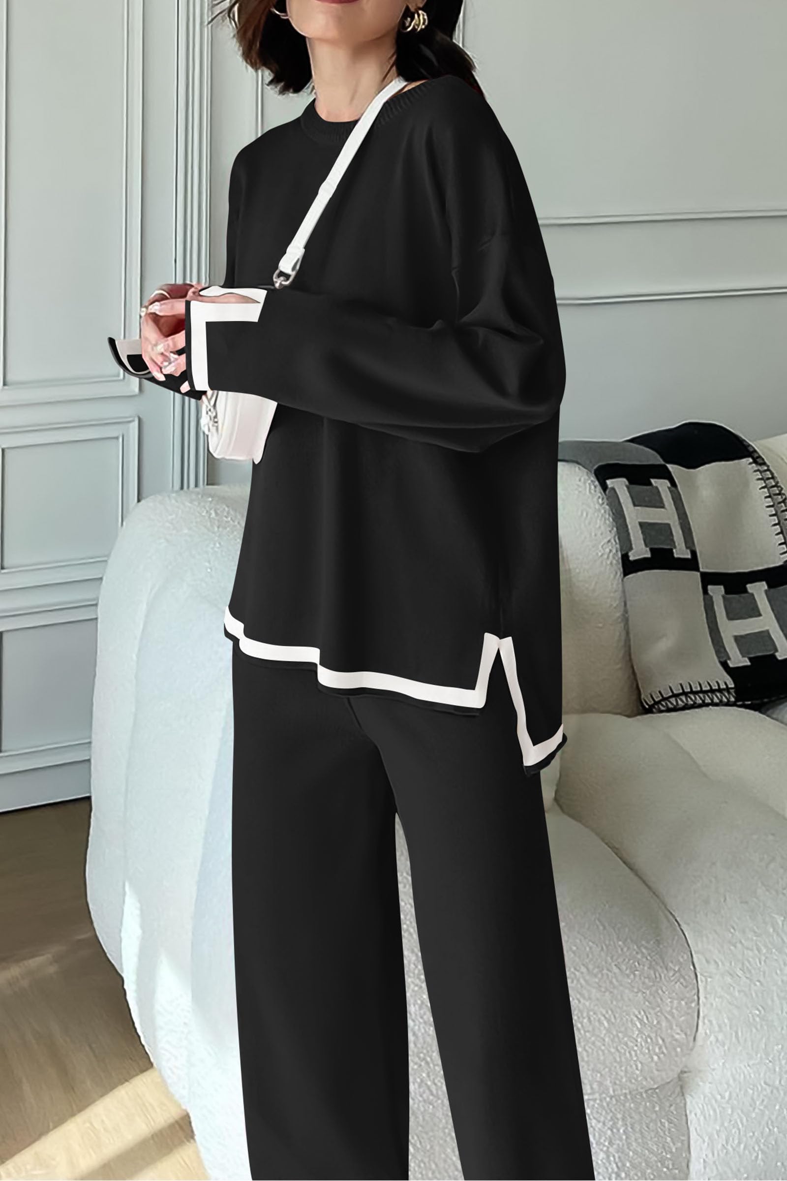 PRETTYGARDEN Women's 2 Piece Knit Sweater Set Casual Long Sleeve Pullover Wide Leg Pants Sweatsuit Tracksuit Outfit (Black,Medium)