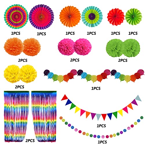 ZERODECO Fiesta Paper Fan Party Decorations Set, Multicolor Cinco De Mayo Pom Poms Pennant Garland String Banner Fringe Curtains Mexican Coco Carnivals Festivals Party Supplies