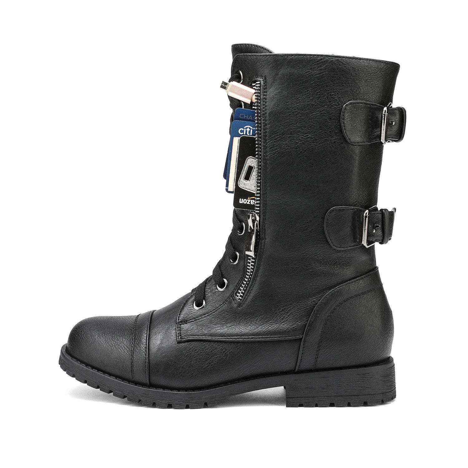 DREAM PAIRS Women's Combat Boots, Mid Calf Built-in Wallet Pocket Lace up Military Ankle Booties,Size 6.5,Black,TERRAN