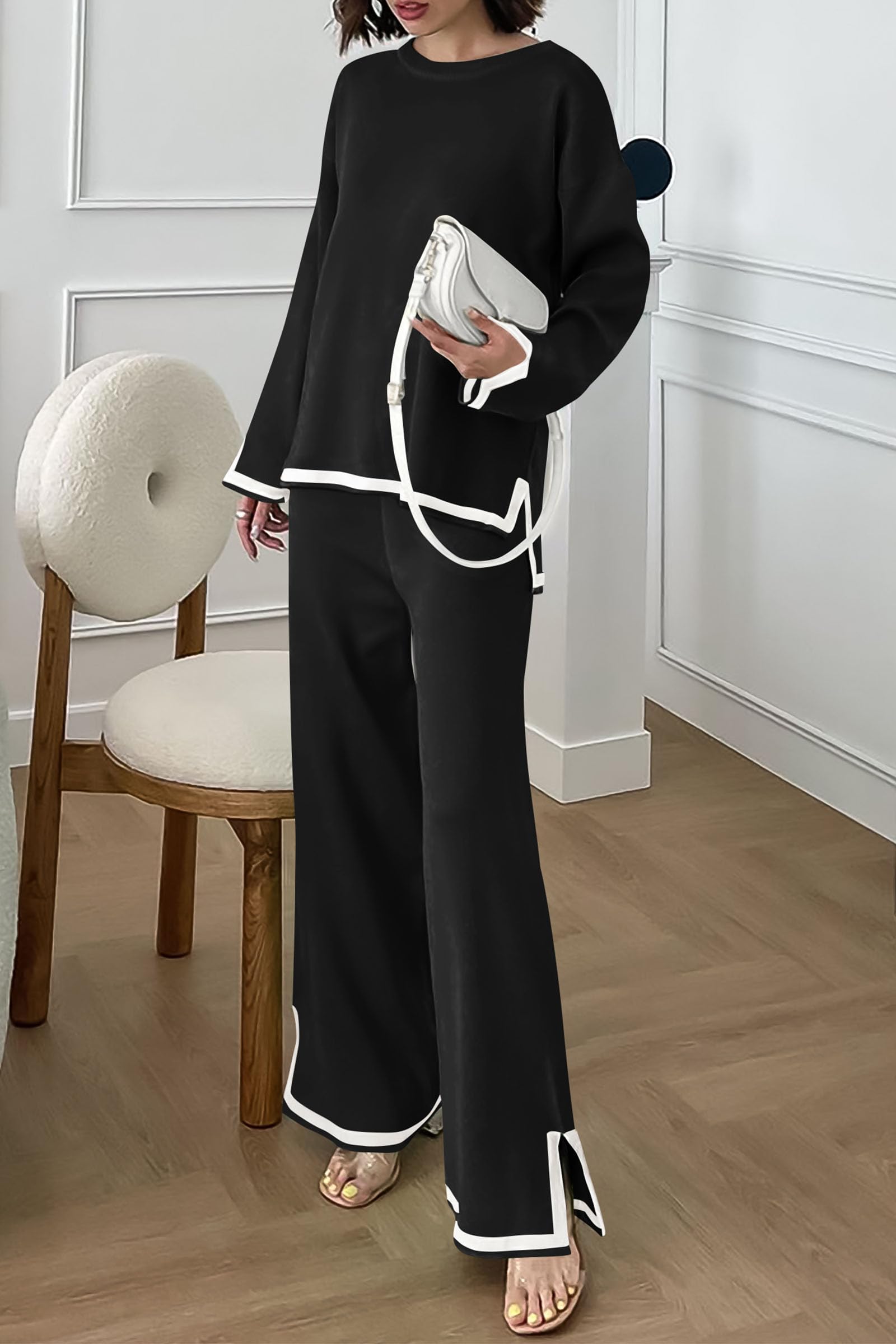 PRETTYGARDEN Women's 2 Piece Knit Sweater Set Casual Long Sleeve Pullover Wide Leg Pants Sweatsuit Tracksuit Outfit (Black,Medium)