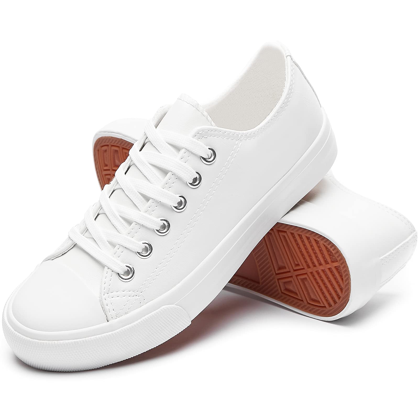 Waluzs Women's White PU Leather Sneakers Low Top Tennis Shoes Lace up Casual Sneakers Walking Shoes, US11