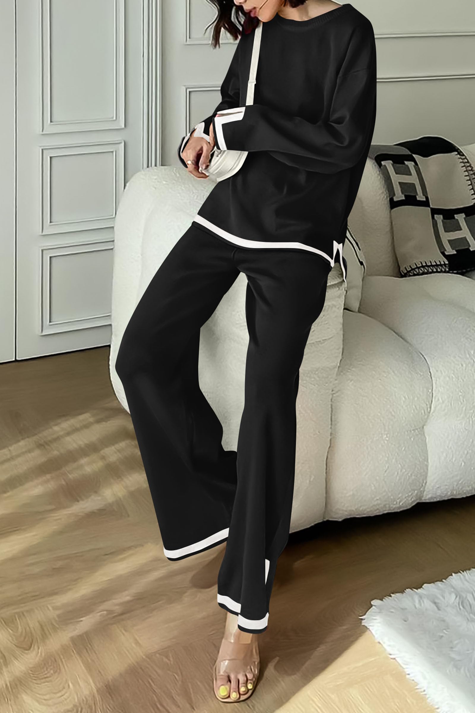 PRETTYGARDEN Women's 2 Piece Knit Sweater Set Casual Long Sleeve Pullover Wide Leg Pants Sweatsuit Tracksuit Outfit (Black,Medium)