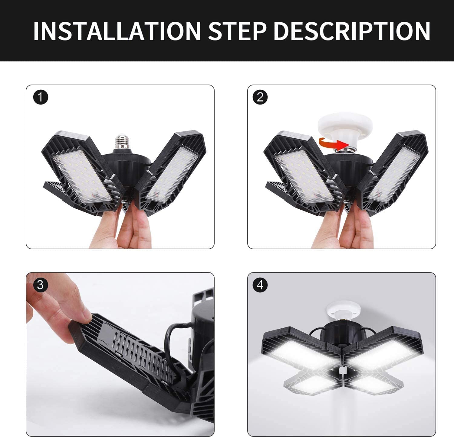 6Pack LED Garage Lights, 100W Deformable LED Lighting 10000LM E26 Daylight 6000K Super Bright Adjustable Lights for Warehouse