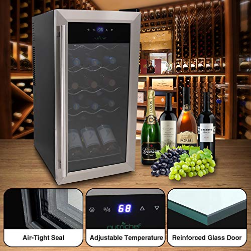 nutrichef 15 Bottle Refrigerator-White And Red Chiller Countertop Cooler-Freestanding Compact Mini Wine Fridge, Digital Control, Stainless Steel Door