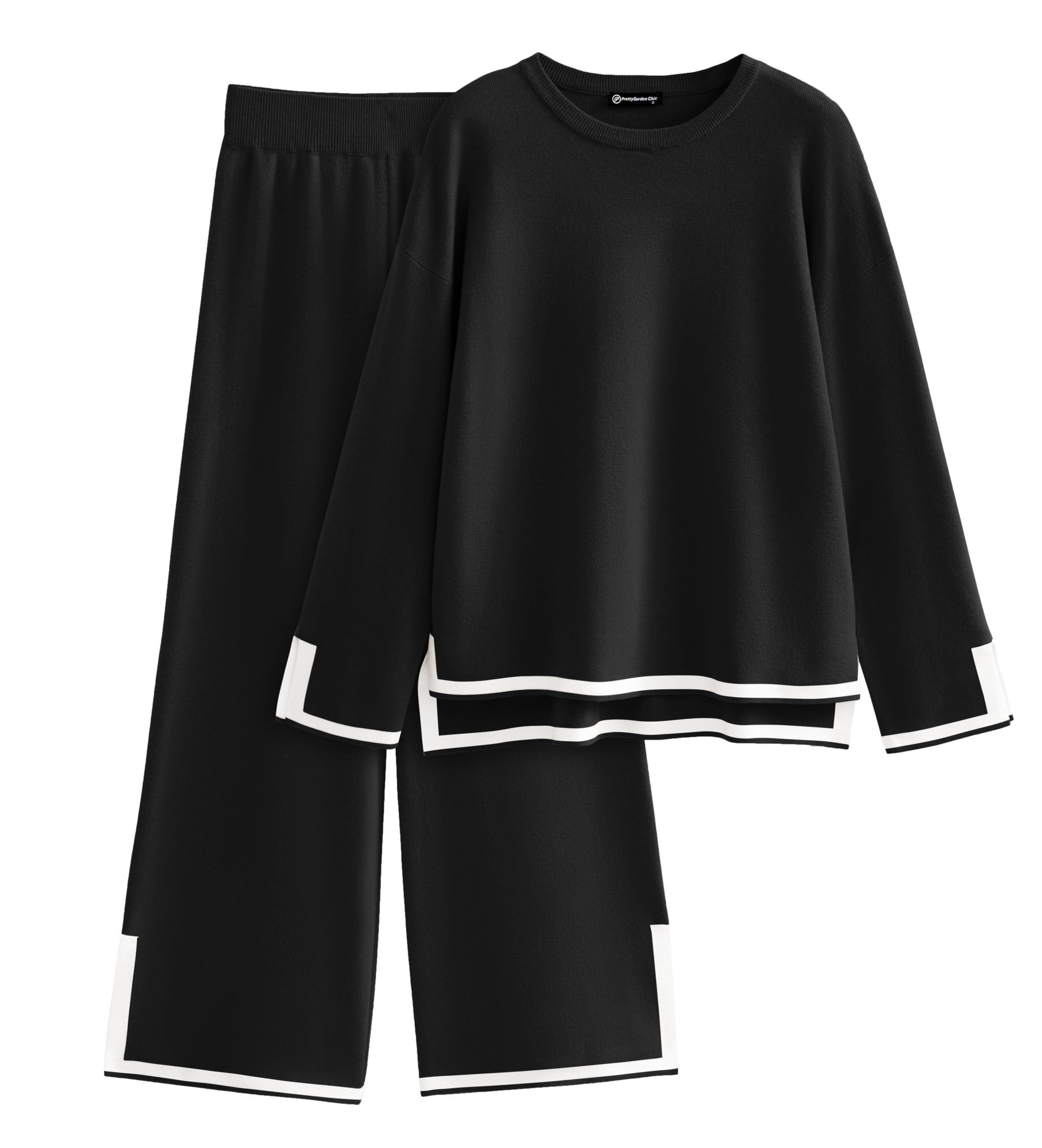 PRETTYGARDEN Women's 2 Piece Knit Sweater Set Casual Long Sleeve Pullover Wide Leg Pants Sweatsuit Tracksuit Outfit (Black,Medium)