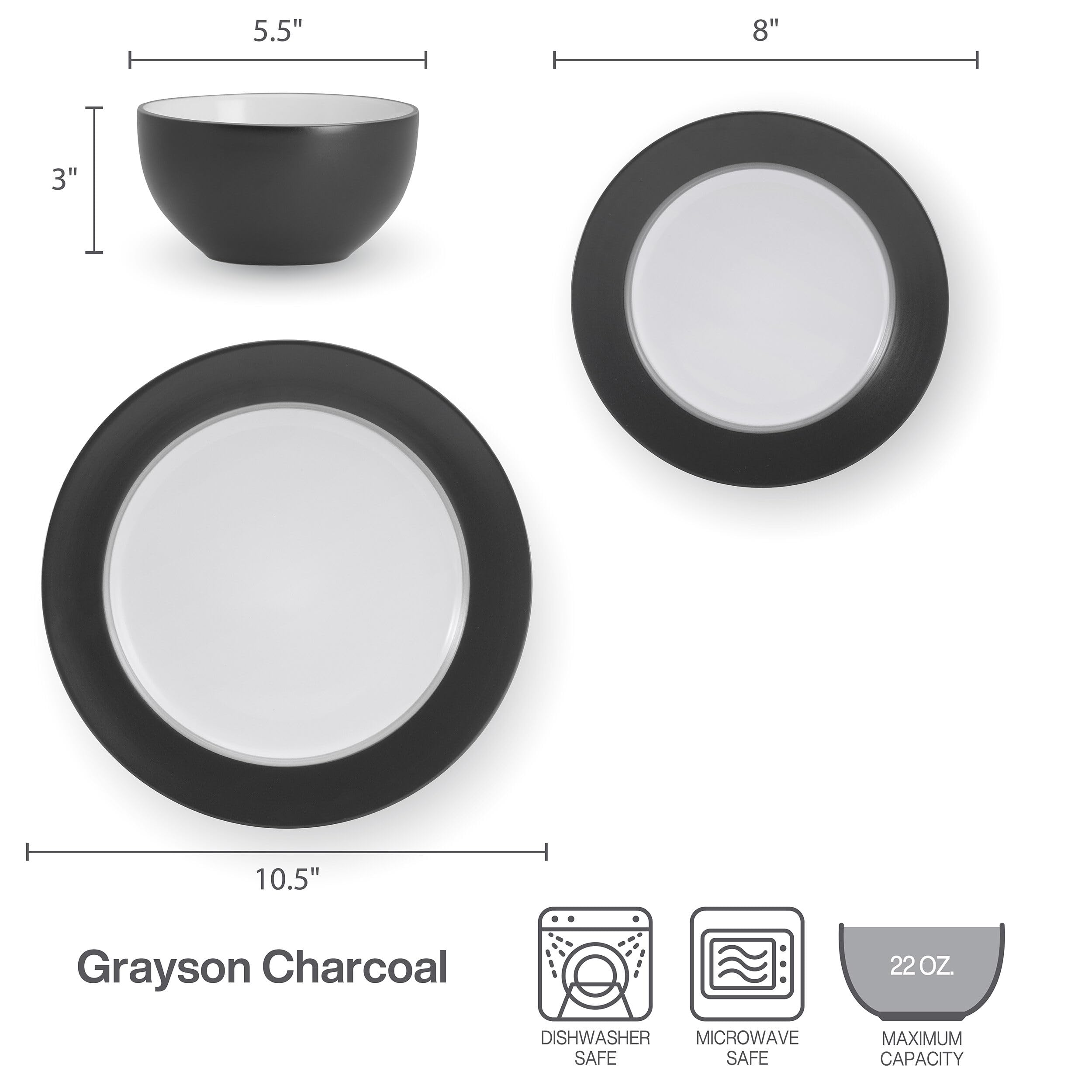 Pfaltzgraff Grayson Charcoal 12 Piece Dinnerware Set, Service for 4