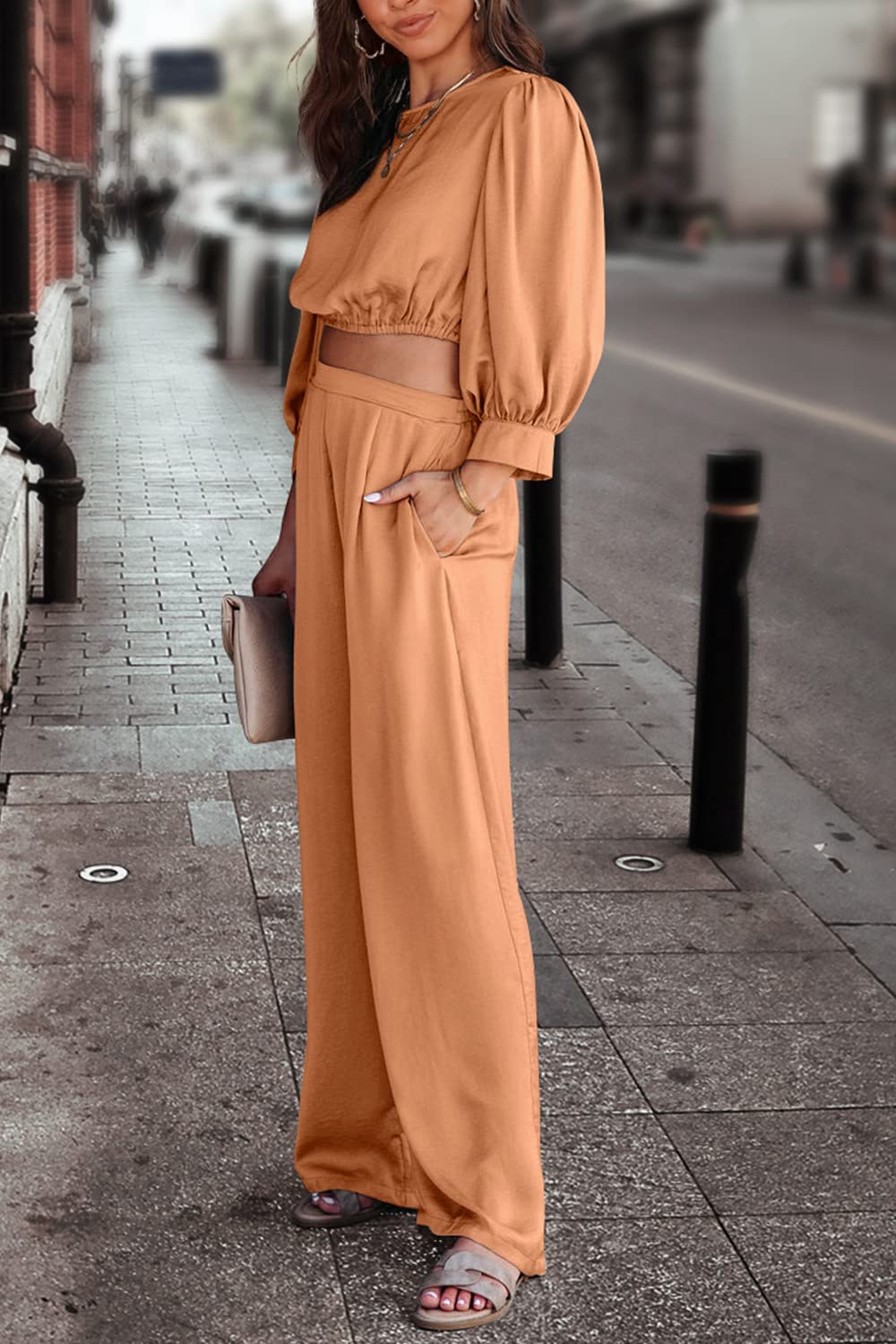 PRETTYGARDEN Women's 2 Piece Satin Outfits 2024 Spring Casual Puff Sleeve Crop Tops Blouse And Long Palazzo Pants Set (Orange,Large)