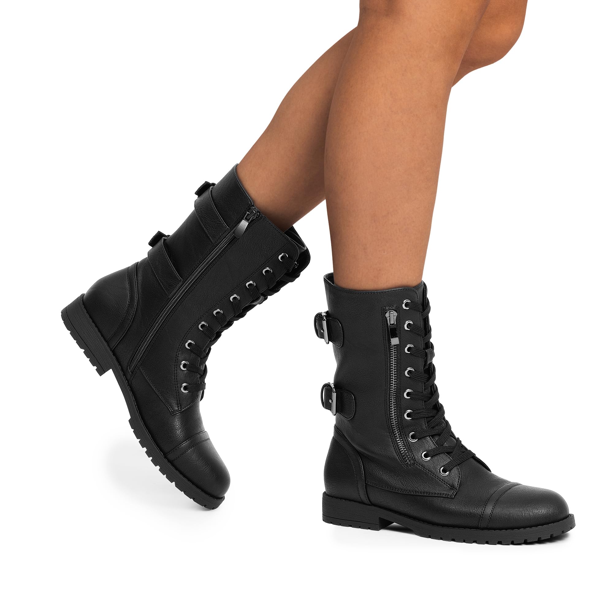 DREAM PAIRS Women's Combat Boots, Mid Calf Built-in Wallet Pocket Lace up Military Ankle Booties,Size 6.5,Black,TERRAN