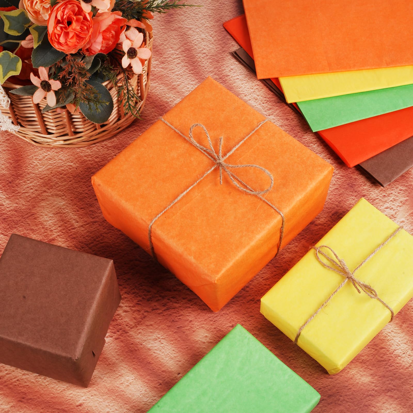 100 Sheets Thanksgiving Day Tissue Paper for Gift Wrapping, Orange Green Yellow Brown Tissue Paper for Gift Bags for Birthday Fall Autumn Holidays DIY Craft