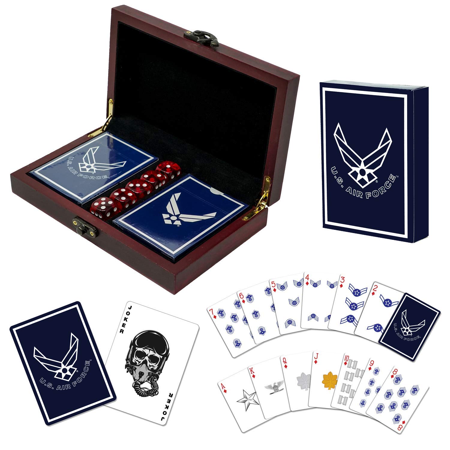 Military Gift Shop US Air Force Playing Cards & Dice in Keepsake Box - USAF Rank Insignia Cards - Air Force Gifts | Disabled Vet Owned Business | Air Force Card Set