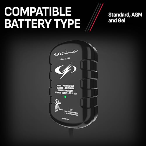 Schumacher Electric Battery Charger and Maintainer, SC1299, 2-in-1, Fully Automatic, 0.8 Amps, 12 Volt, for Motorcycle, Power Sport, Car, and Marine Batteries