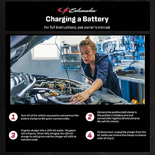 Schumacher Electric Battery Charger and Maintainer, SC1299, 2-in-1, Fully Automatic, 0.8 Amps, 12 Volt, for Motorcycle, Power Sport, Car, and Marine Batteries