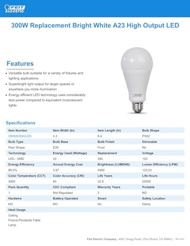 Feit Electric A23 LED Light Bulb, 300W Equivalent, Non-Dimmable, 4060 Lumens, E26 Standard Base, 3000k Soft White, High Output LED Bulb, Damp Rated, 22 Year Lifetime, OM300/830/LED