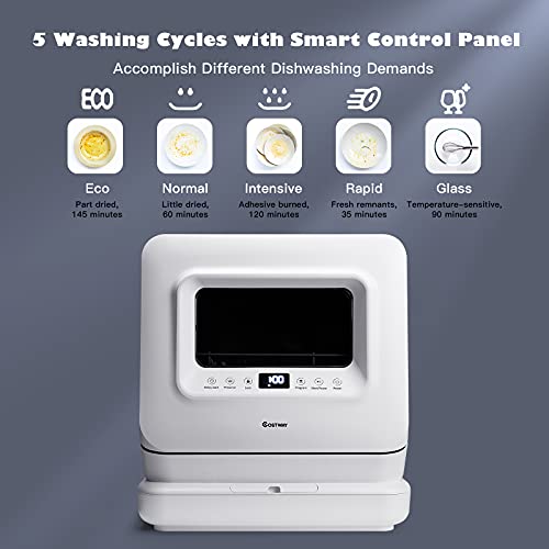 ARLIME Compact Countertop Dishwasher, Portable Dishwasher W/7.5-L Built-in Water Tank, 5-Program, 360° Dual Spray, 24H Air-Dry Function, Child Lock, Mini Dishwasher for Apartments, Dorms & RVs, White