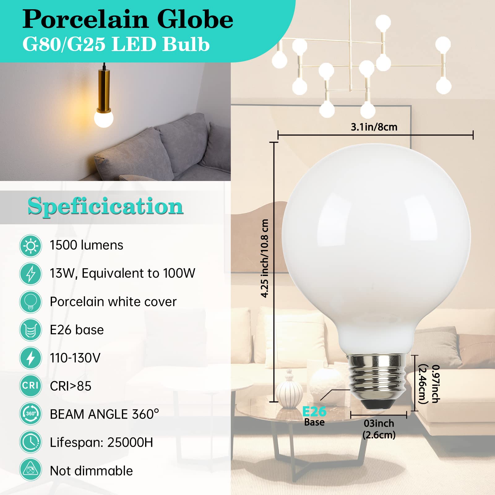 AMDTU G80/G25 Globe LED Light Bulbs 100 Watt Equivalent 1500 Lumens, 3000K Soft White Vintage LED Edison Bulb Non-dimmable 13W, Porcelain Glass E26 Standard Base 100W Retro LED Bulb, 4 Pack