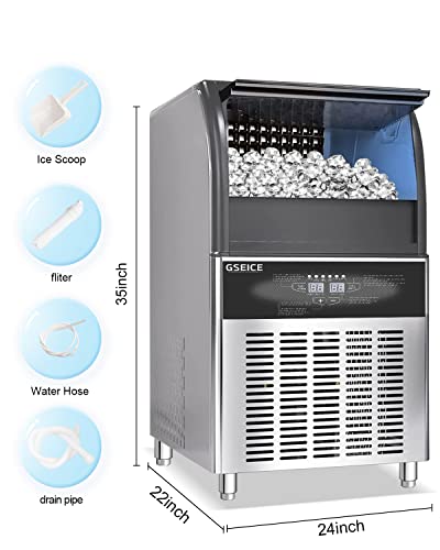 GSEICE Commercial Ice Maker Machine, 200lbs/24H Ice Machine with 80lbs Storage Ice Bin, Stainless Steel Big Storge Ice Maker Ideal for Home Coffee Shop Bars and Restaurant