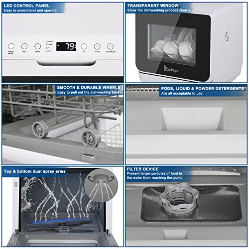 Countertop Dishwasher, 4 Sets Compact Mini Dishwasher With 4 Washing Modes,Water Tank,Dual Spray Arms, Fruit & Vegetable Soaking,White&Black