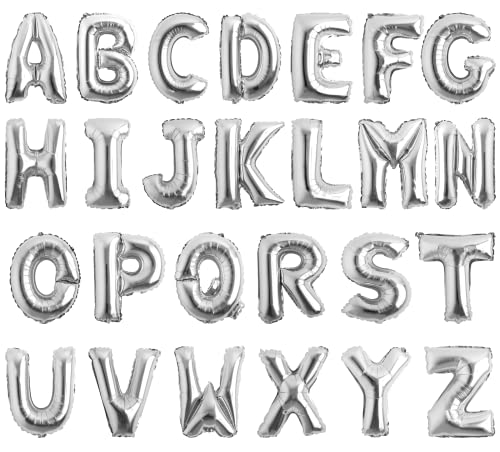 YOOGEE Letter Balloons - Custom Phrase A-Z 16 Inch Mylar Foil Alphabet Set 26-Pack for Wedding Birthday Party Decoration Banner Create Your Own Balloon (Silver)