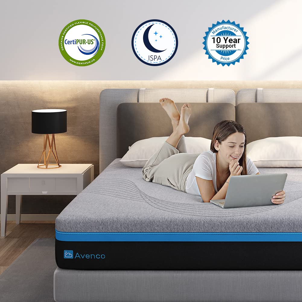 Avenco King Mattress, Grey King Memory Foam Mattress, 10 Inch King Size Mattress in a Box with Skin-Friendly Cover, 2 Foam Layers for Cooling, Supportive & Pressure Relieving CertiPUR-US Certified