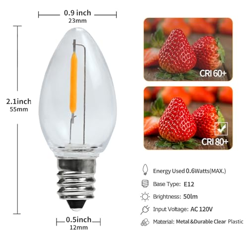 Exiugus Shatterproof & Waterproof C7 Replacement LED Light Bulbs β 0.6W Equivalent to 7W, White Warm 2200K Outdoor String Lights, E12 Base Edison LED Night Light Bulbs