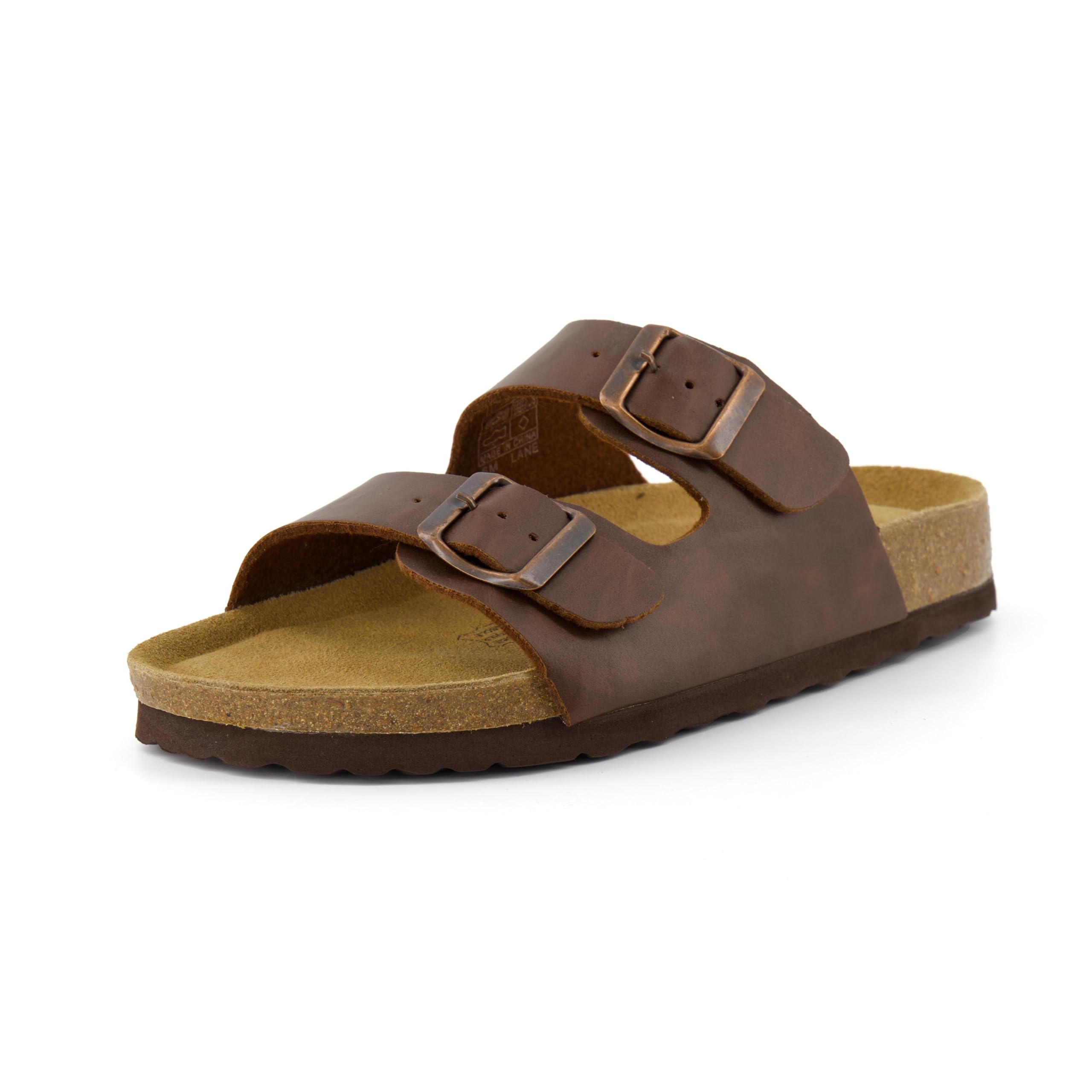 CUSHIONAIRE Lane Cork Footbed Sandals for Women – Comfortable Double Buckle Slip-On with Genuine Suede Footbed & Arch Support Slides for Women Footwear, BROWN 8