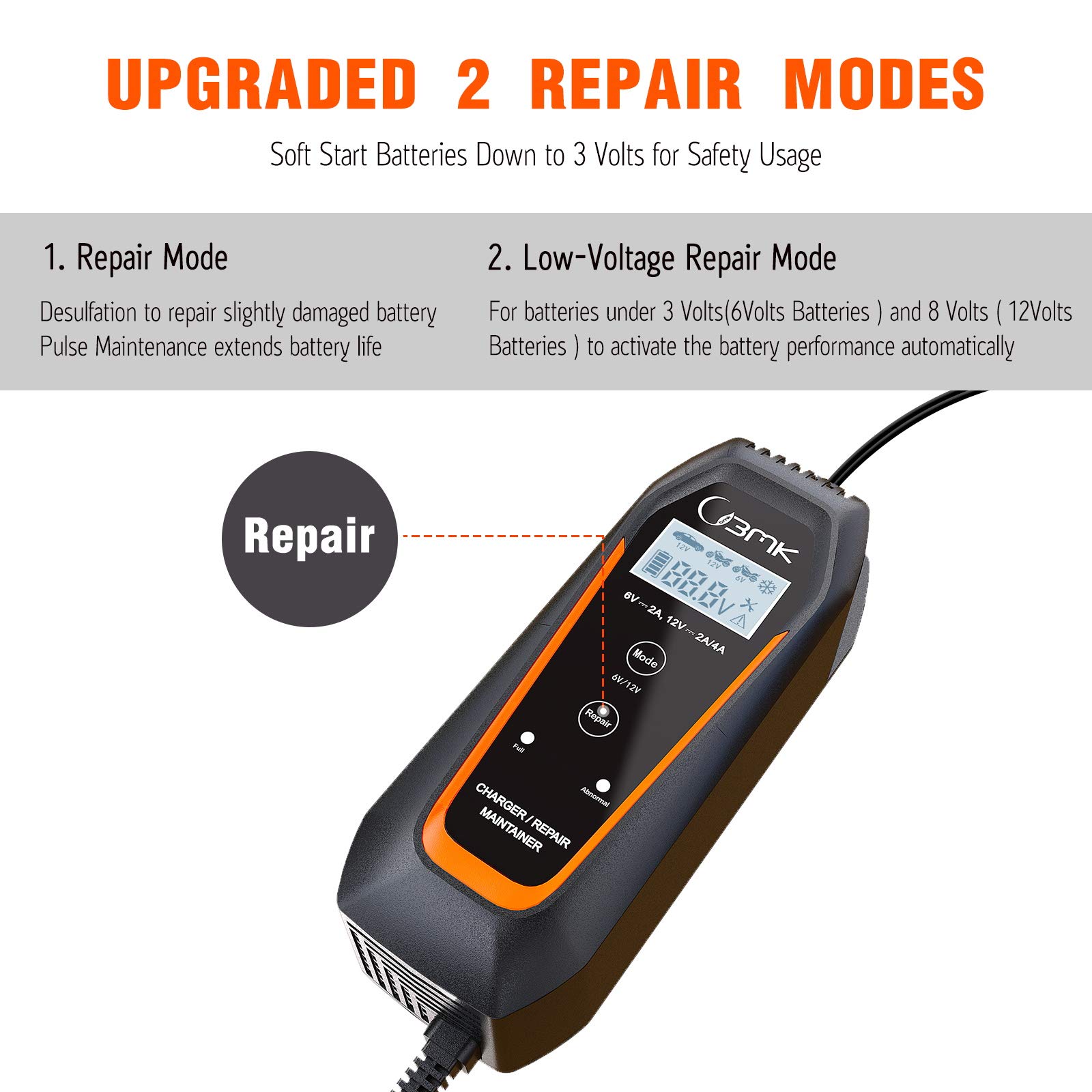 BMK Battery Charger 2/4A Smart Portable Battery Maintainer with Detachable Alligator Rings Clips Fast Charging Trickle Charger for Boat Car Motorcycle Lawn Mower RV SUV