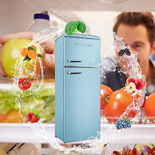 Galanz GLR12TBEEFR Refrigerator, Dual Door Fridge, Adjustable Electrical Thermostat Control with Top Mount Freezer Compartment, Retro Blue, 12.0 Cu Ft