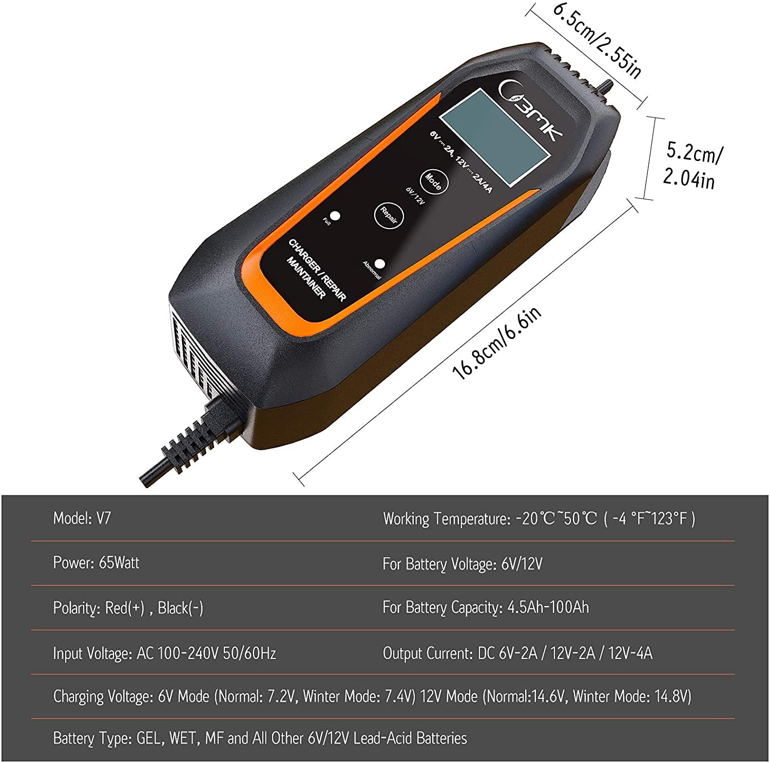 BMK Battery Charger 2/4A Smart Portable Battery Maintainer with Detachable Alligator Rings Clips Fast Charging Trickle Charger for Boat Car Motorcycle Lawn Mower RV SUV
