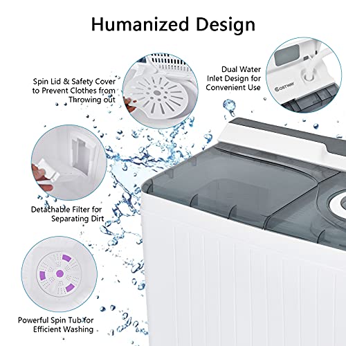 COSTWAY Portable Washing Machine, Twin Tub 26Lbs Capacity, Washer(18Lbs) and Spinner(8Lbs), Compact Laundry Machine with Control Knobs, Timer Function, Drain Pump, Laundry washer for Apartment, RV, Grey