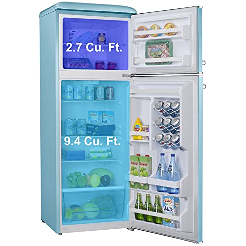 Galanz GLR12TBEEFR Refrigerator, Dual Door Fridge, Adjustable Electrical Thermostat Control with Top Mount Freezer Compartment, Retro Blue, 12.0 Cu Ft