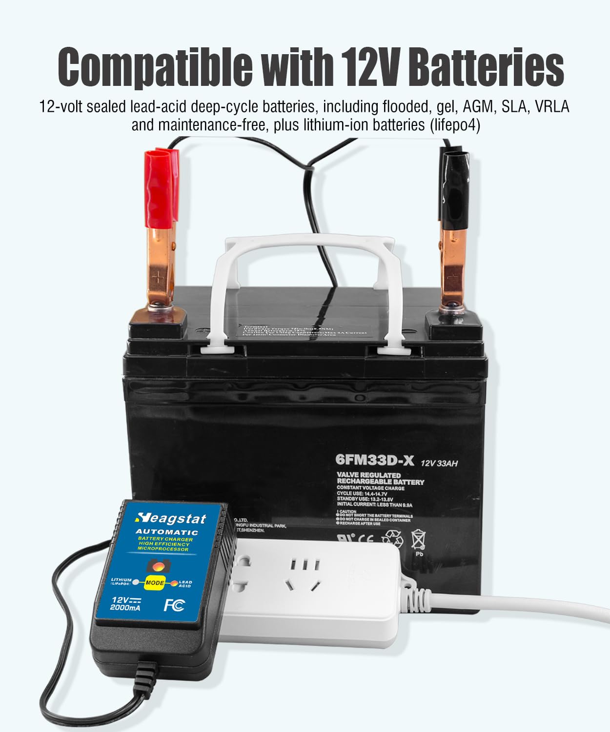 Heagstat Battery Charger, 12V 2-Amp Fully-Automatic Smart Trickle Charger and Maintainer for Car Motorcycle Lawn Mower Boat ATV Lead-Acid and Lithium(LiFePO4) More
