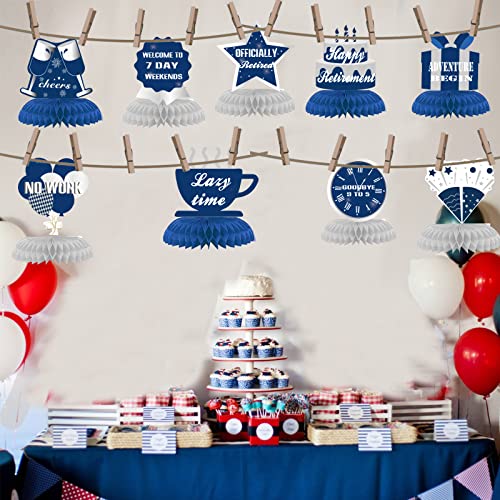 KEWEYA 9Pcs Happy Retirement Decorations Table Honeycomb Centerpieces Party Supplies Blue Silver Retirement Adventure Awaits Sign for Men Retired Decor Goodbye Retirement Signs