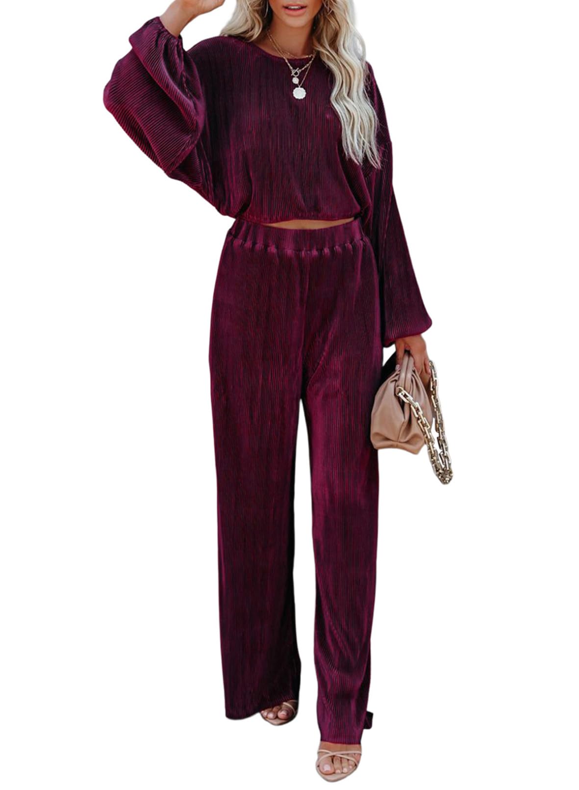 Dokotoo Womens Two Piece Outfits Casual Crew Neck Long Sleeve Tops 2 Piece Fall Outfits for Women Solid Wide Leg Pants Set 2024 Trendy Wedding Guest Sweatsuit Palazzo Pants Tracksuit L Red