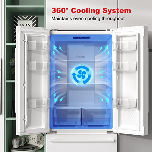 Galanz GLR16FWEE16 3-French Door Refrigerator with Bottom Freezer Adjustable Electrical Thermostat, Humidity Control, Frost-Free, 16 Cu.Ft, White, cu ft