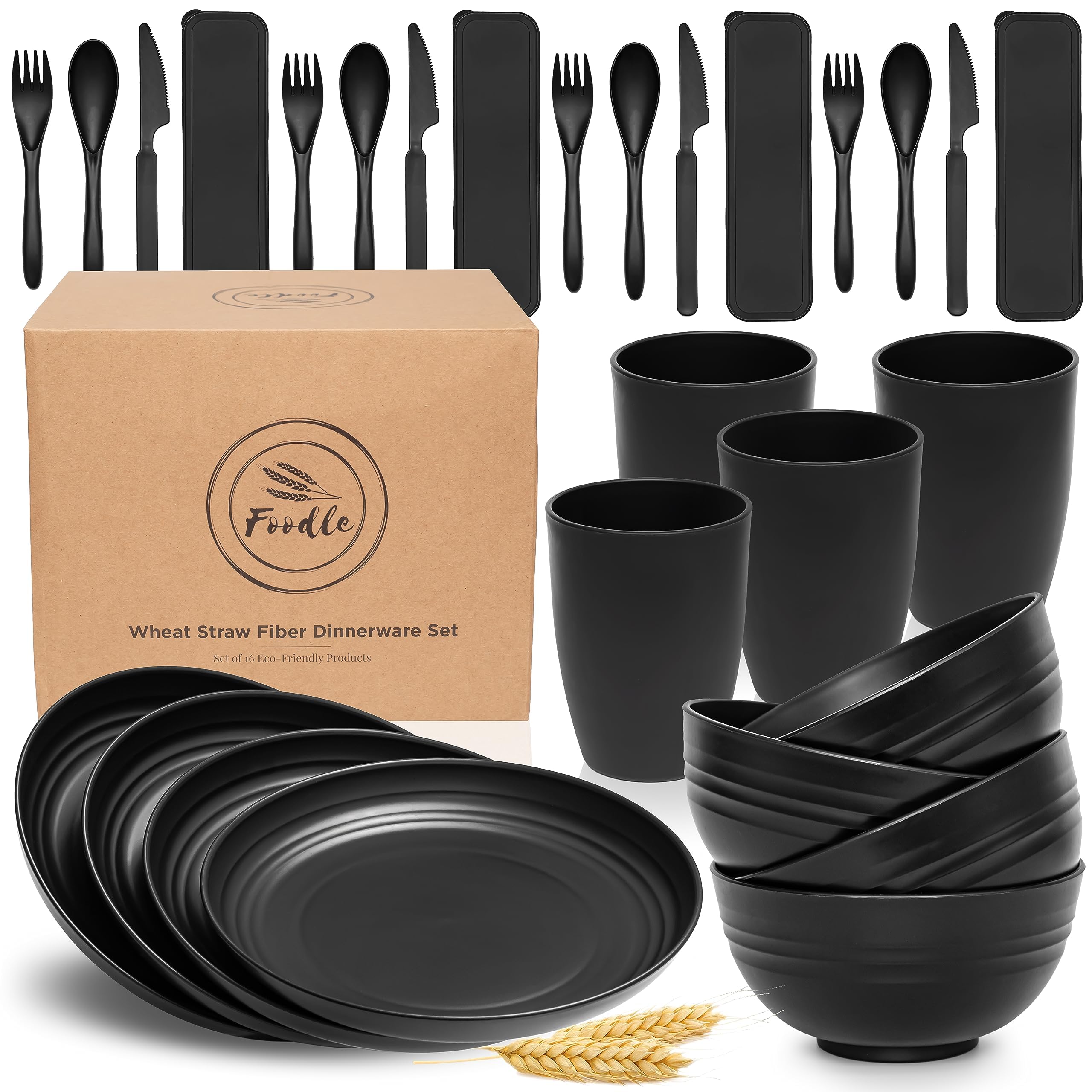 Wheat Straw Dinnerware Set, Plates and Bowls Sets, Plates, Bowls, Cups, Cutlery Set, Service for 4, Lightweight Unbreakable Plastic Dinnerware Sets, Dishwasher Microwave Safe (regular version)