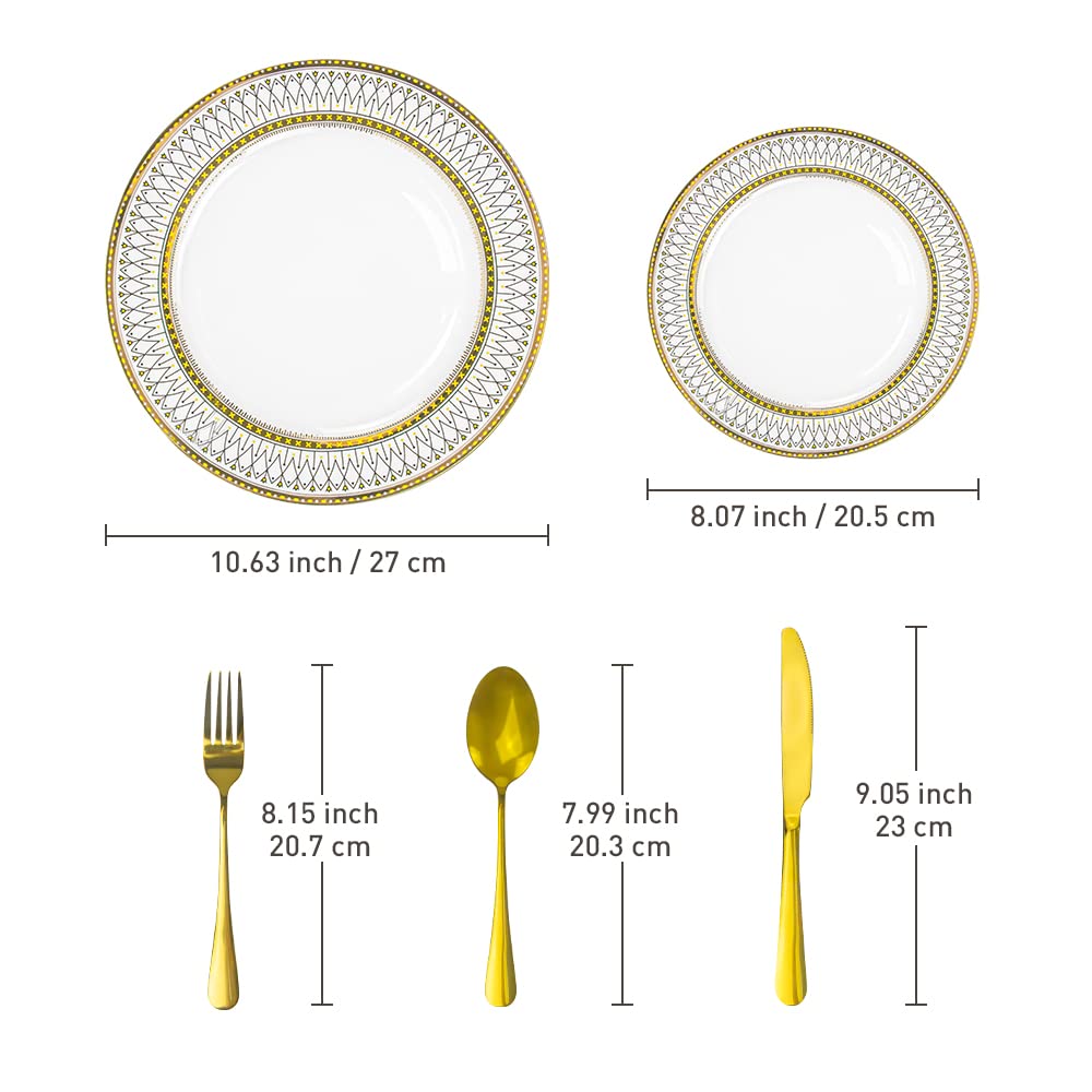 DUEBEL 4-Person Dinner Service Set, Includes 4 Ceramic Dinner Plates and 4 Ceramic Salad Plates with Gold Rim, 4 Cutlery Set for 4 Persons, Modern & Stunning Design