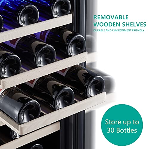 Kalamera Mini Fridge 15" Wine Cooler Refrigerator - 30 Bottle Wine Fridge with Stainless Steel Refrigerator& Double-Layer Tempered Glass Door and Temperature Memory Function Built-in or Freestanding