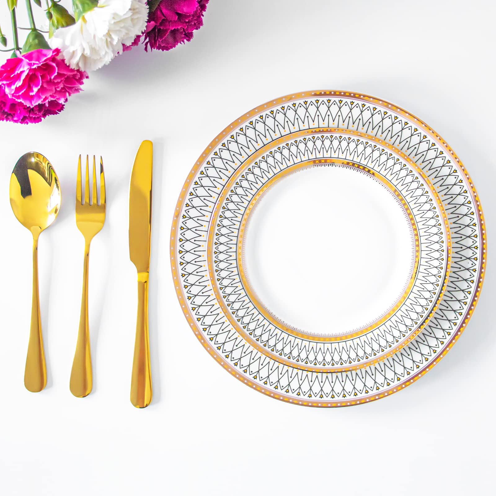 DUEBEL 4-Person Dinner Service Set, Includes 4 Ceramic Dinner Plates and 4 Ceramic Salad Plates with Gold Rim, 4 Cutlery Set for 4 Persons, Modern & Stunning Design
